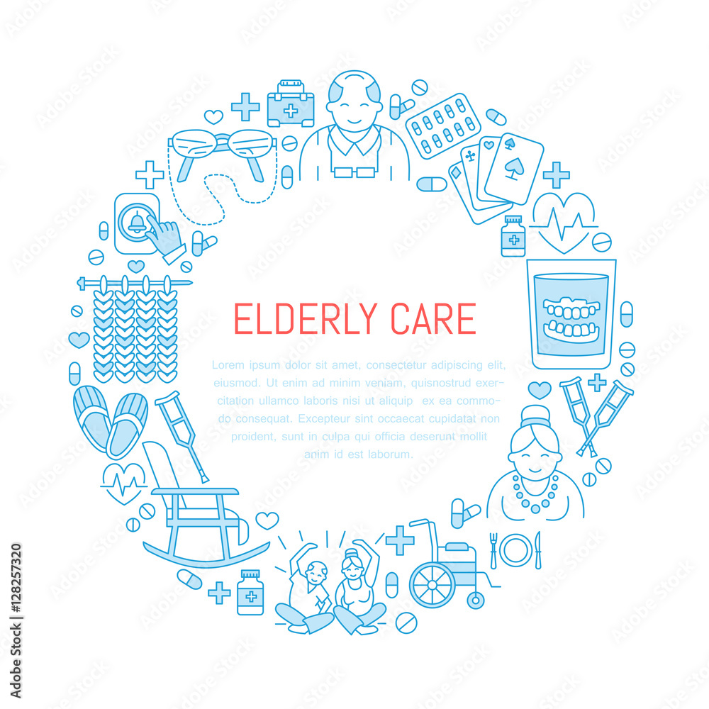 Modern vector line icon of senior and elderly care. Medical poster ...