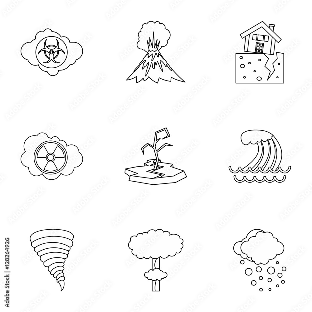 Disaster icons set. Outline illustration of 9 disaster vector icons for ...