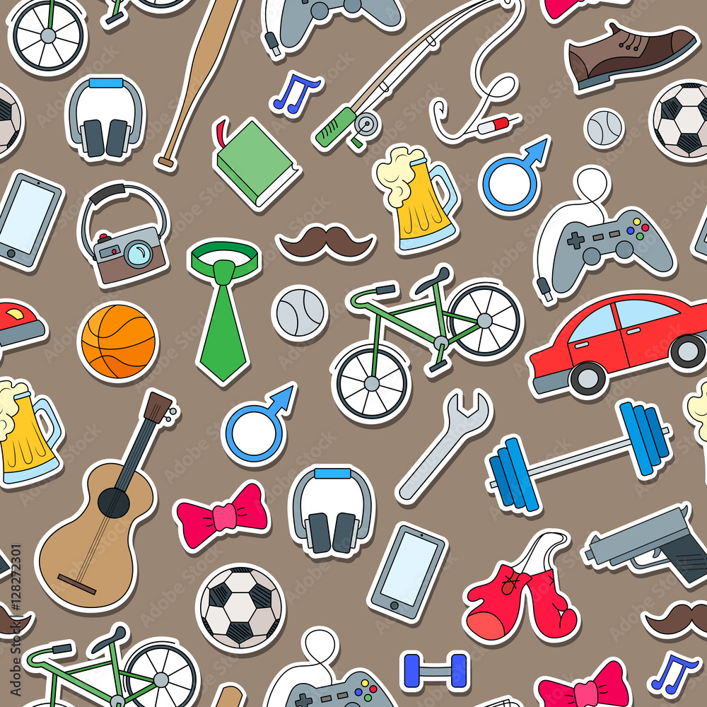 Seamless pattern on the theme of male Hobbies and habits,simple hand ...
