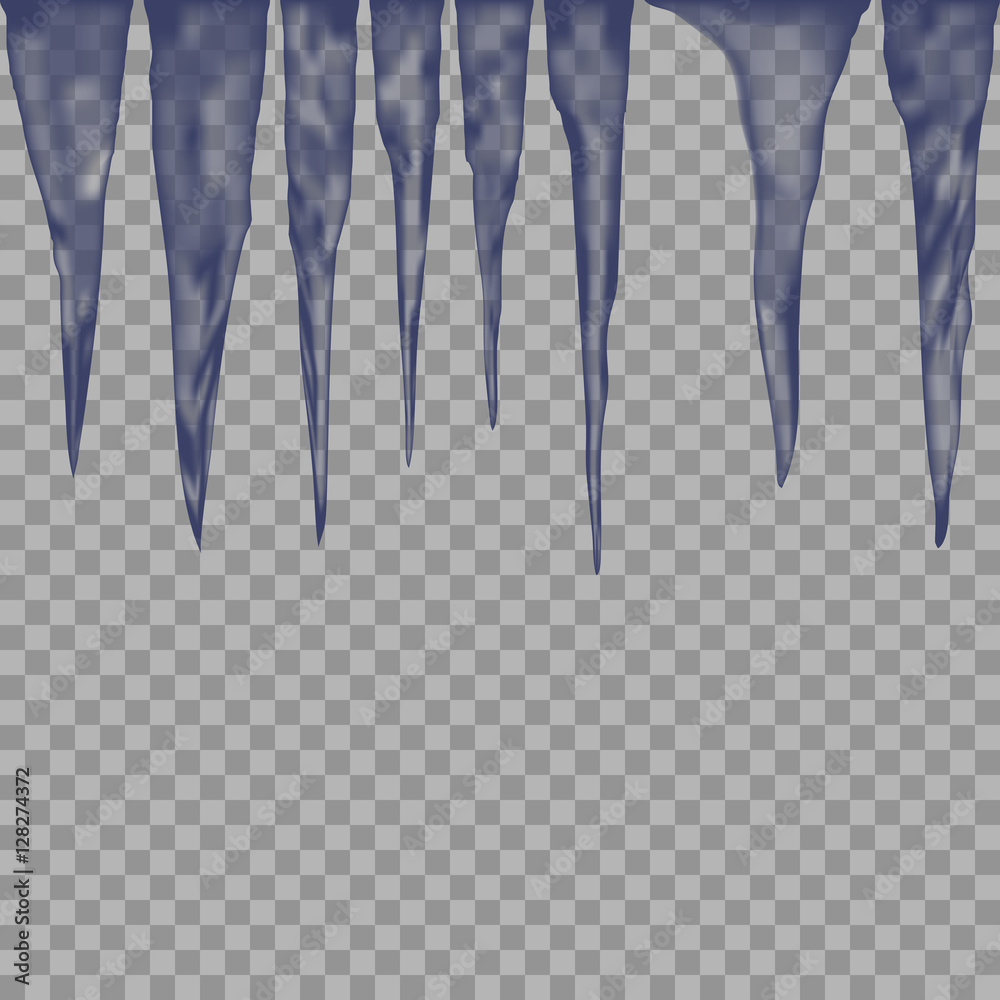 Hanging translucent icicles in blue colors on transparent background ...