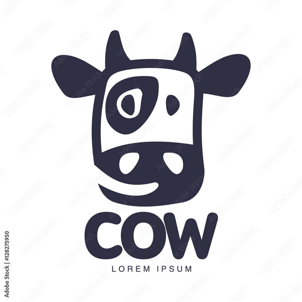 Funny cow head logo template, cartoon vector illustration on white ...