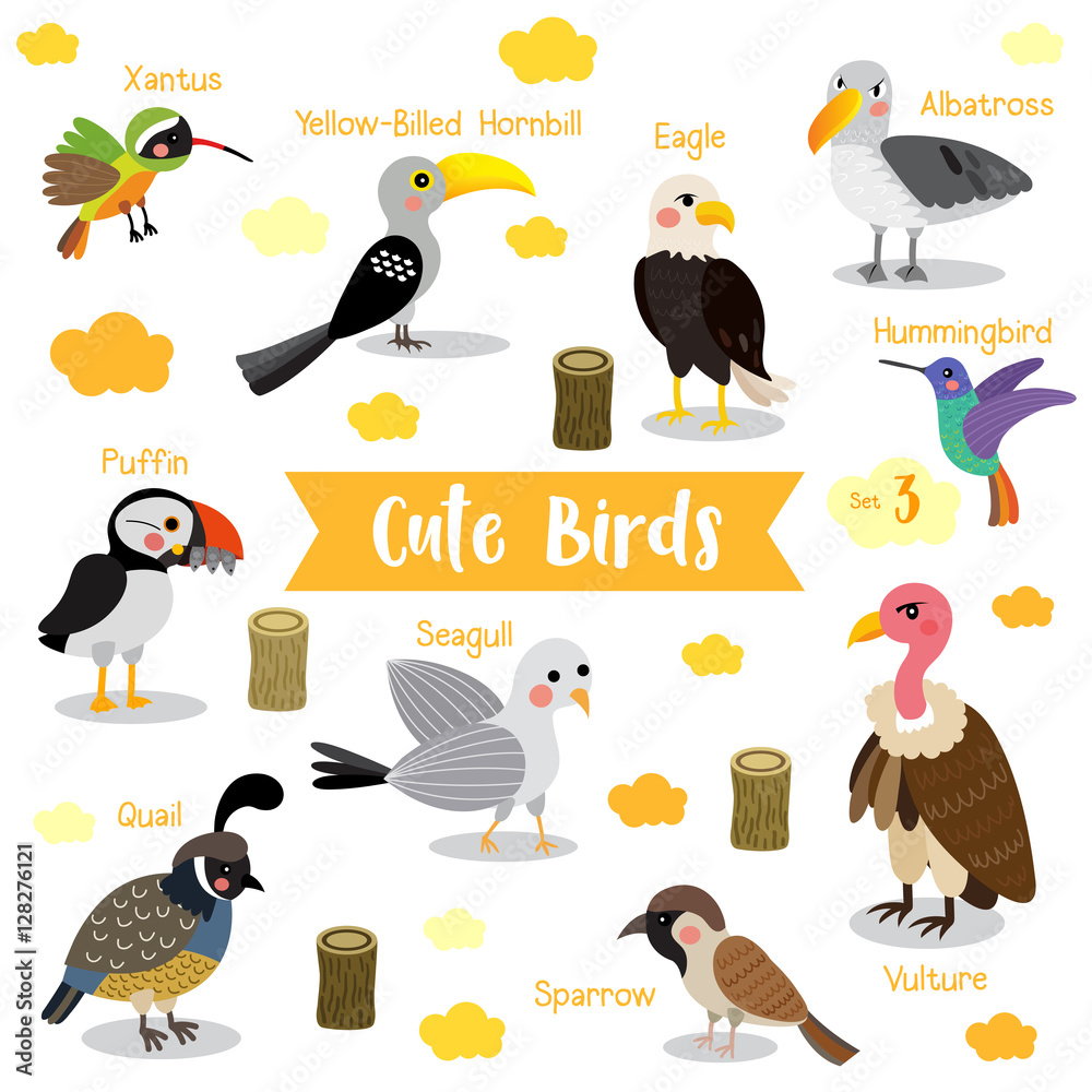 Cute Birds Animal cartoon on white background with animal name. Eagle ...