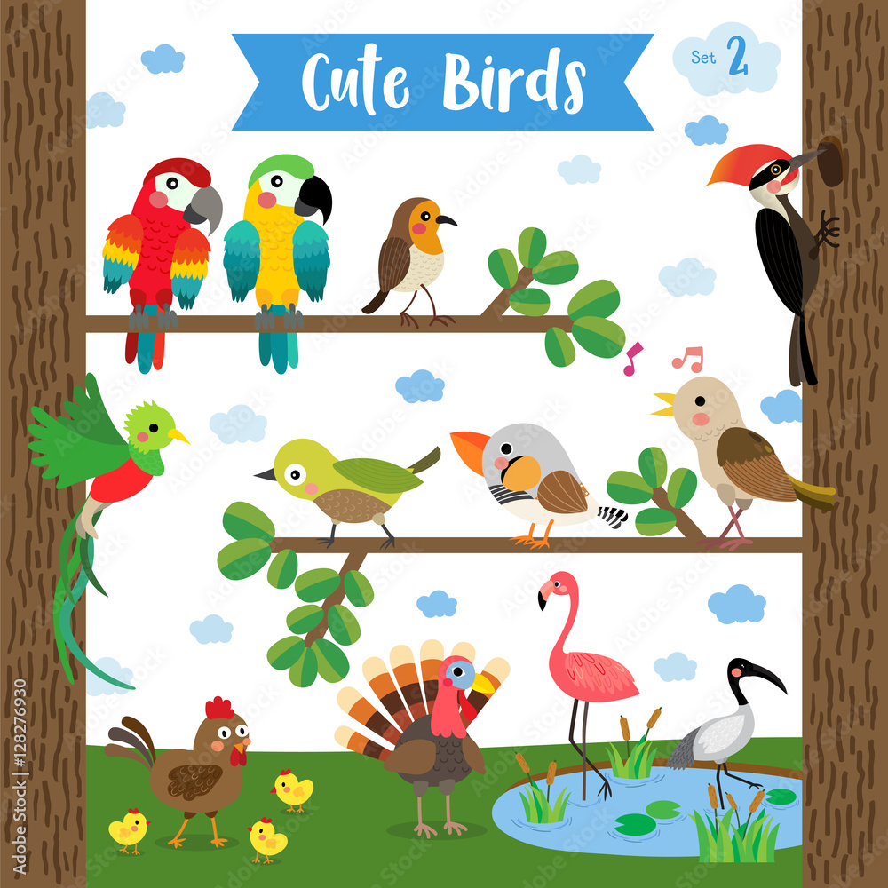 Cute Birds Animal cartoon on the trees and pond background. Chicken ...