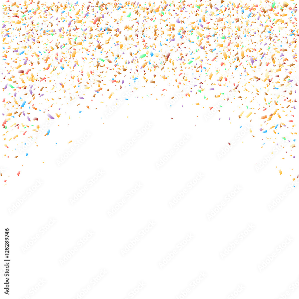 Vector illustration. Gold and colorful falling confetti on a white ...
