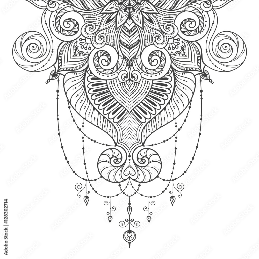 Asian ethnic floral retro doodle black and white background pattern in ...