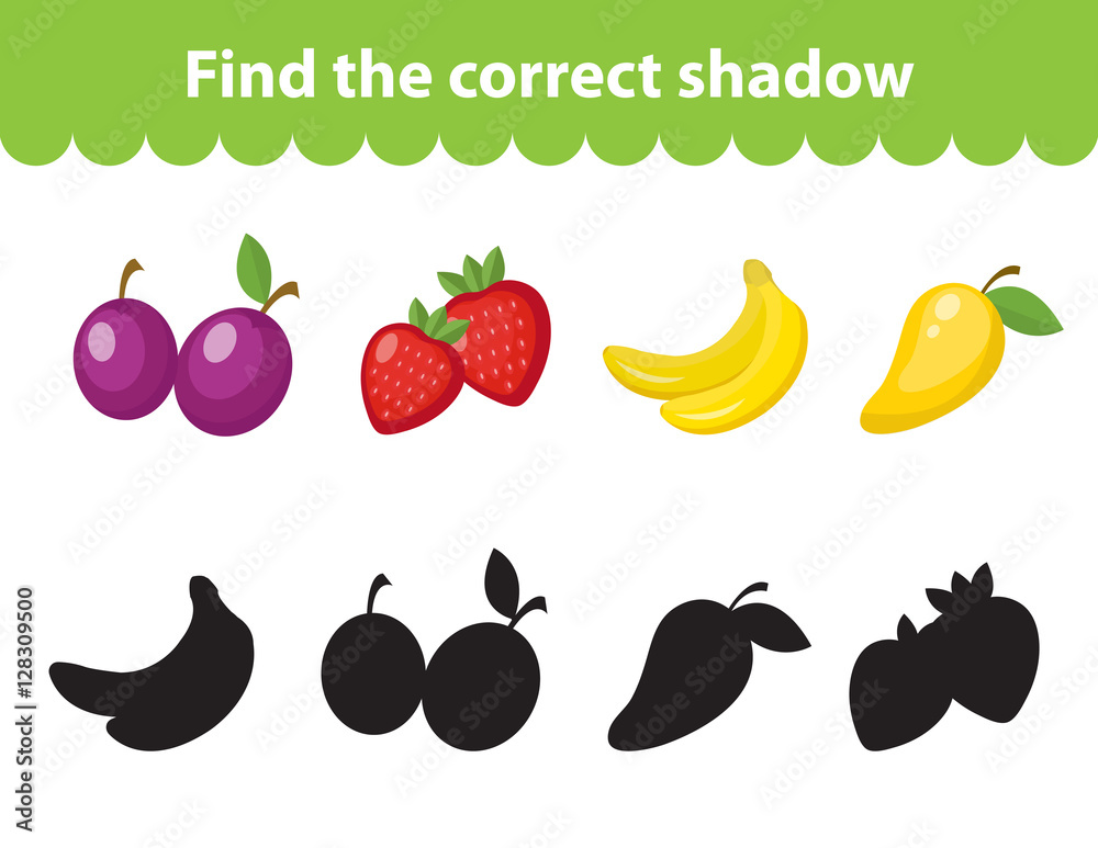 Children s educational game, find correct shadow silhouette. Fruit set ...