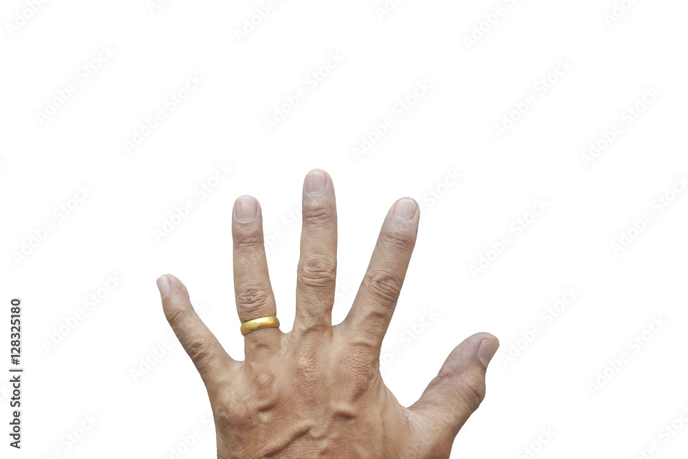 Man's hand wearing a wedding ring on his left ring finger isolated on ...