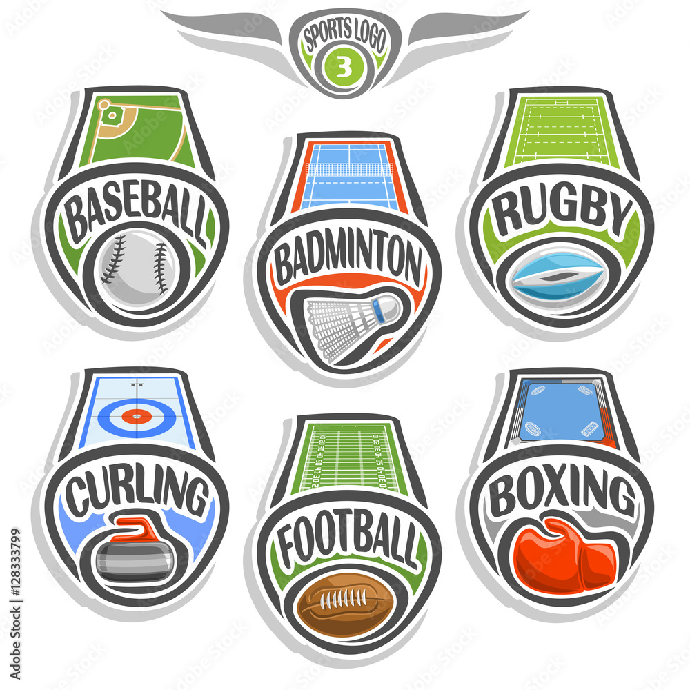 Vector set sports logo with ball, baseball field, badminton shuttlecock ...