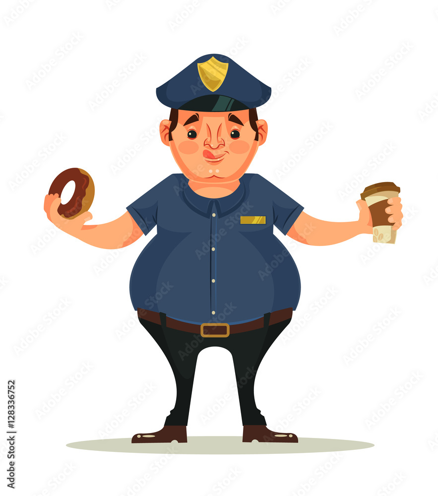 Fat police officer character eating donuts and drink coffee. Vector ...