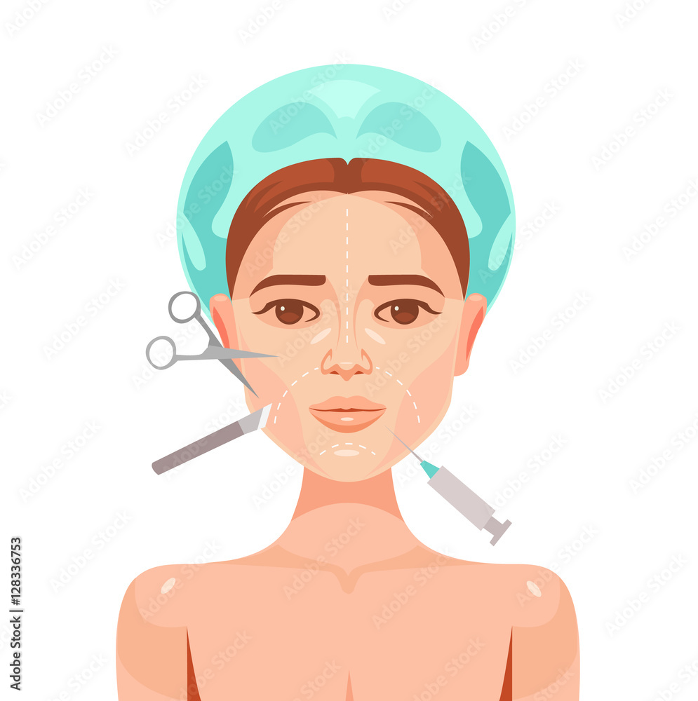 Plastic Surgery Woman Face Vector Flat Cartoon Illustration Stock
