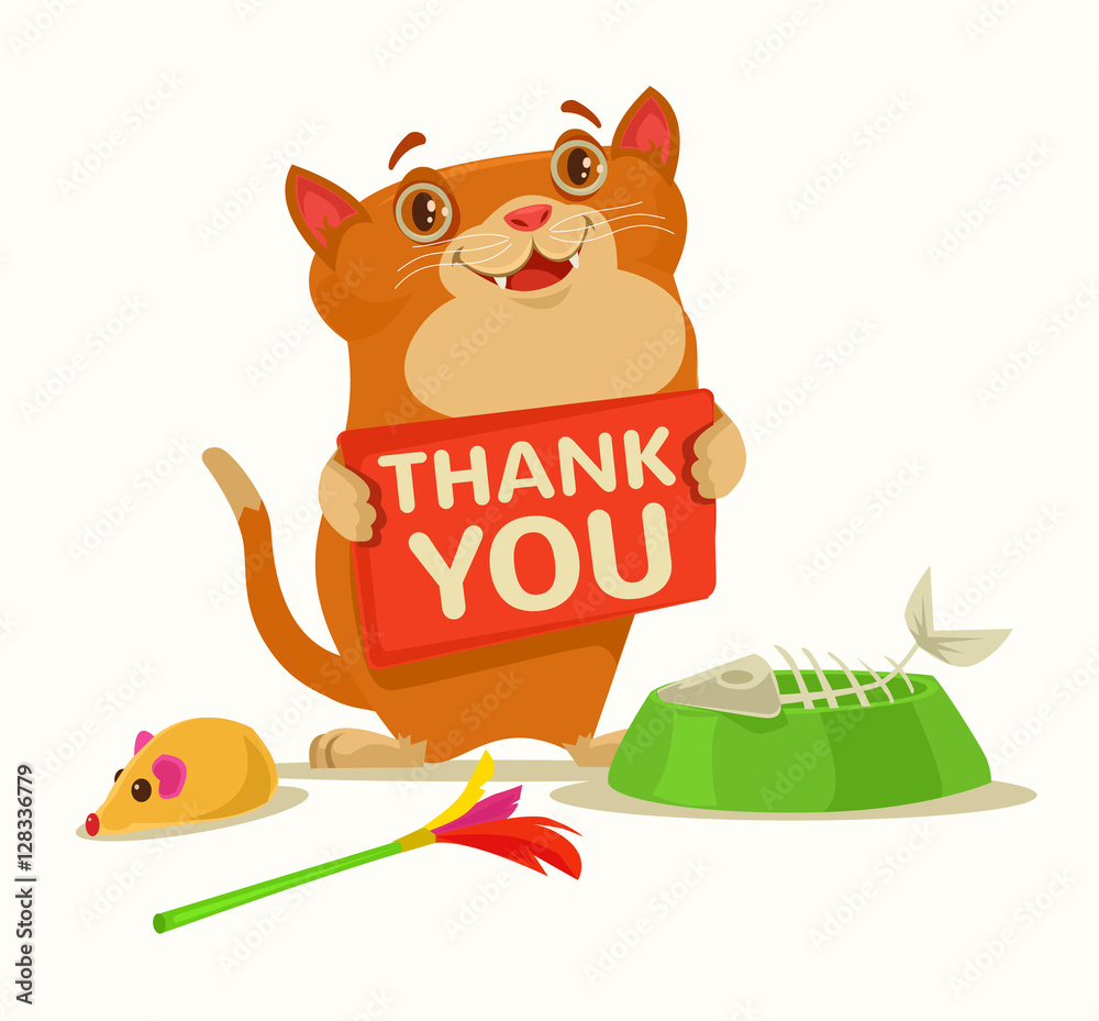 Happy cat character hold plate with thank you words. Vector flat ...