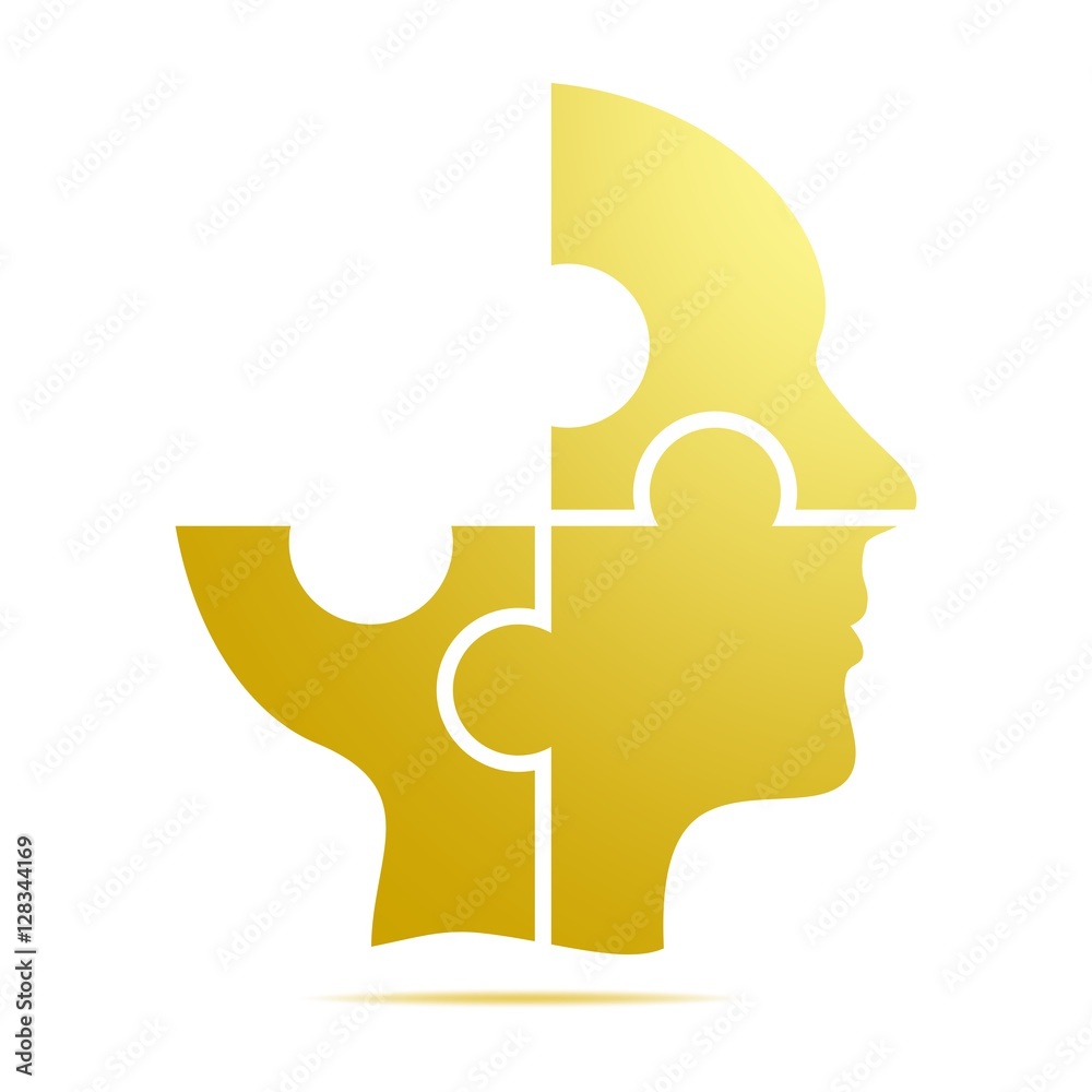 The color yellow human head composed of yellow puzzle pieces with gray ...