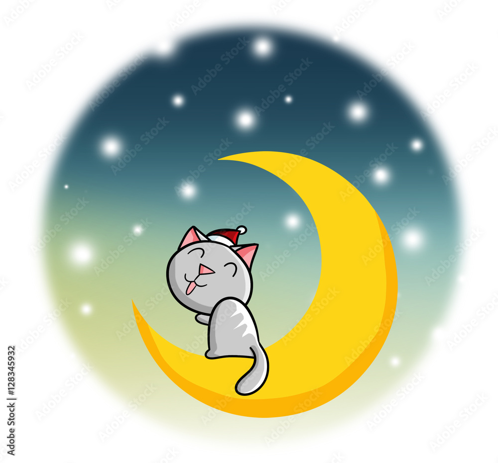 Smiling grey cat on shining crescent moon with blue green starry night ...