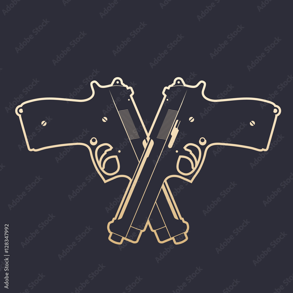 crossed modern pistols, two semiautomatic handguns, gold outline ... crossed modern pistols, two semiautomatic handguns, gold outline ...