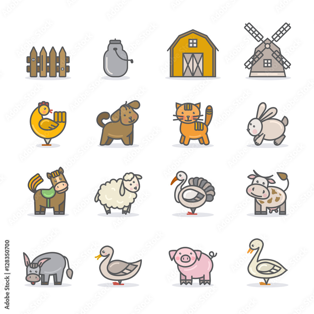 Farm animals color cartoon icon set isolated on white background.Vector ...