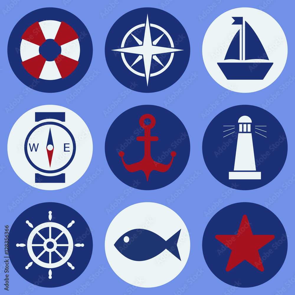 Maritime mood pattern, The set of icons, nautical theme, flat design ...