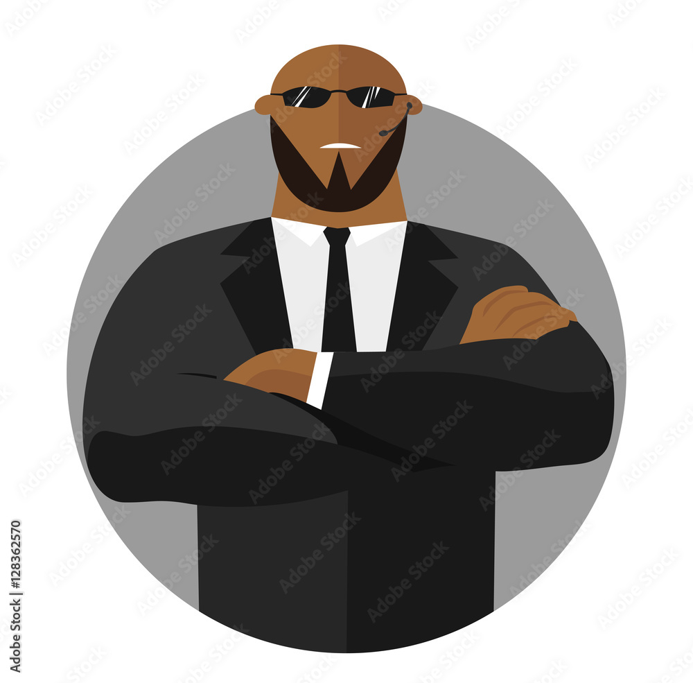 Security sign, safety icon, flat design. Black man - security guard ...