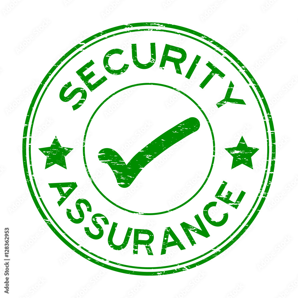 Grunge green security assurance with check icon round rubber sta Stock ...
