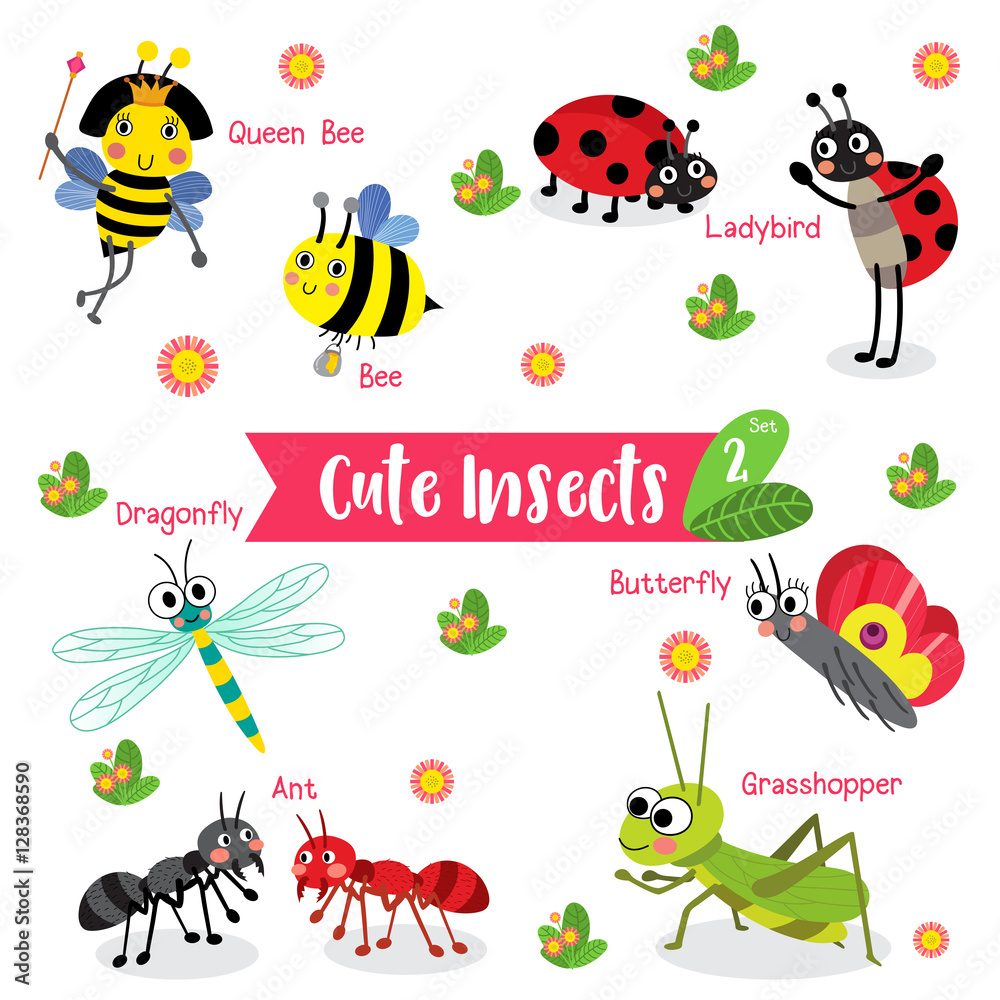 Cute Insects Animal cartoon on white background with animal name. Bee ...