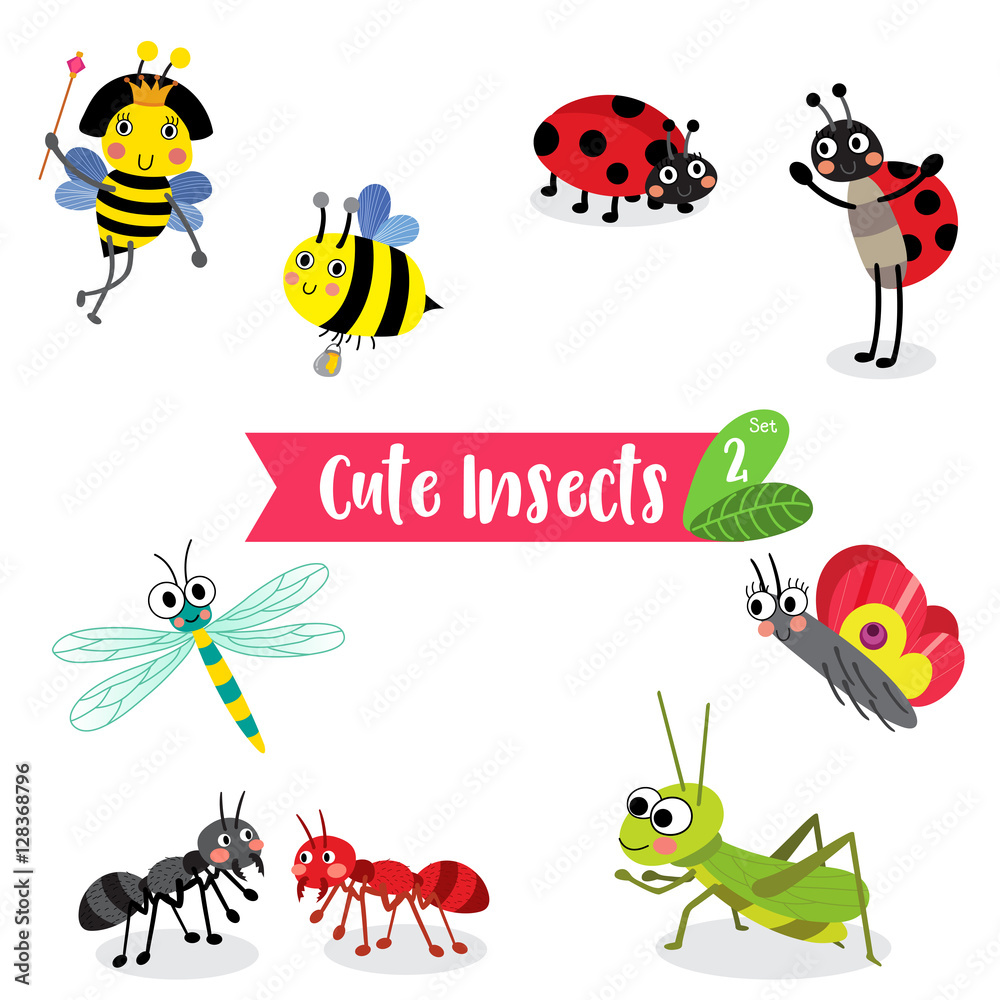 Cute Insects Animal cartoon on white background. Bee. Ant. Ladybird ...