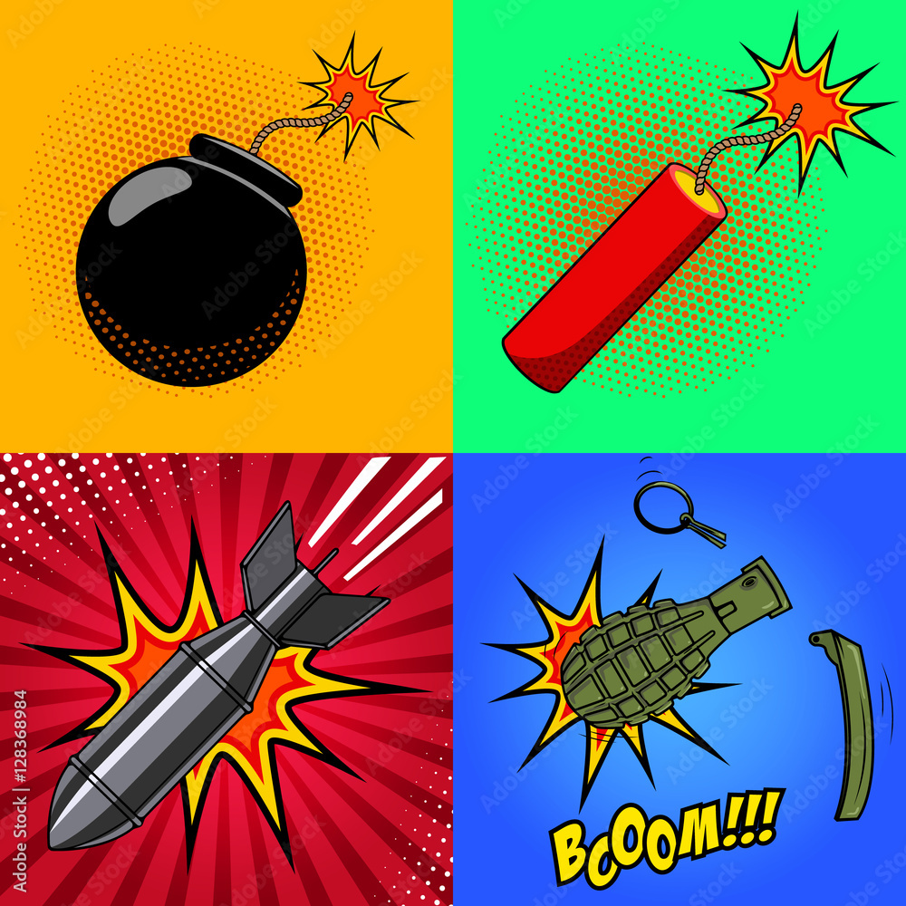 Cartoon bomb, dynamite stick, grenade, with fire in pop art style ...