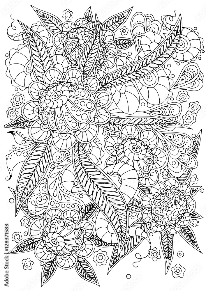 Hand drawn backdrop. Coloring book page for adult and older children ...