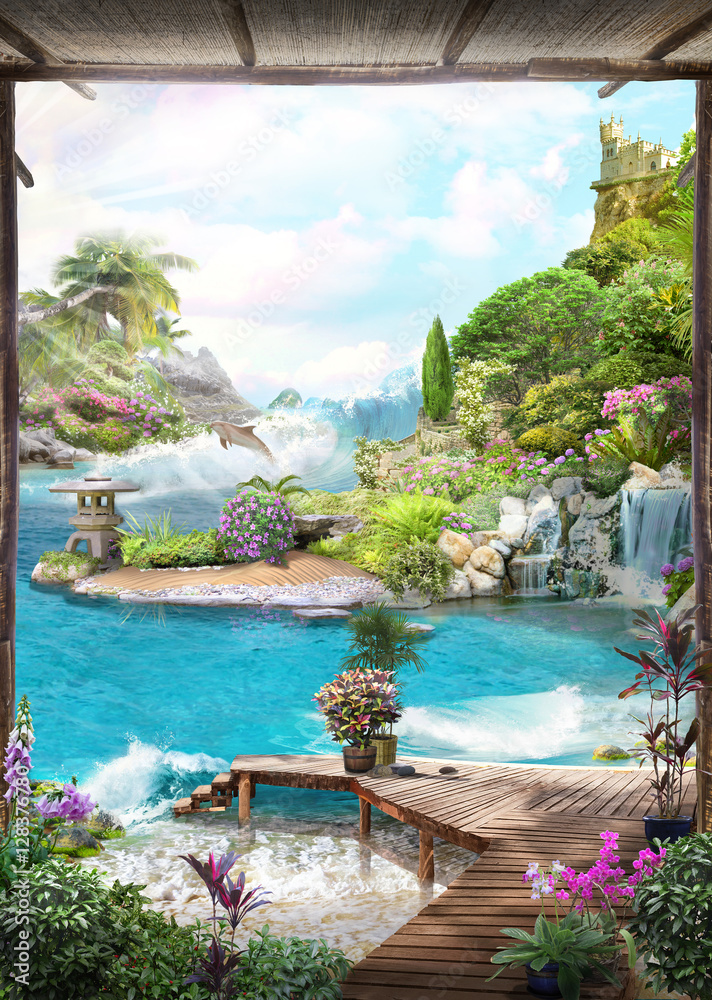 Poster old wooden arch with the ancient dais, straw visor and a view of ...