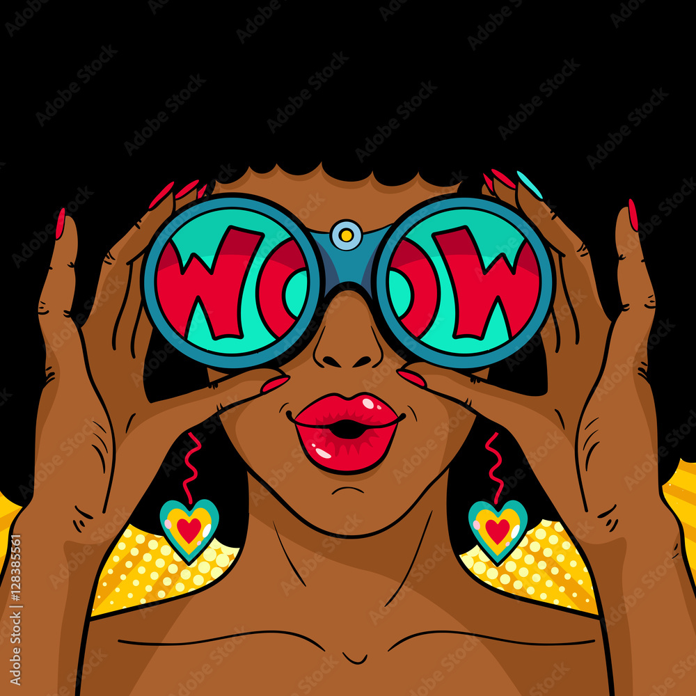 Wow Pop Art Female Face Sexy Surprised African Woman With Open Mouth