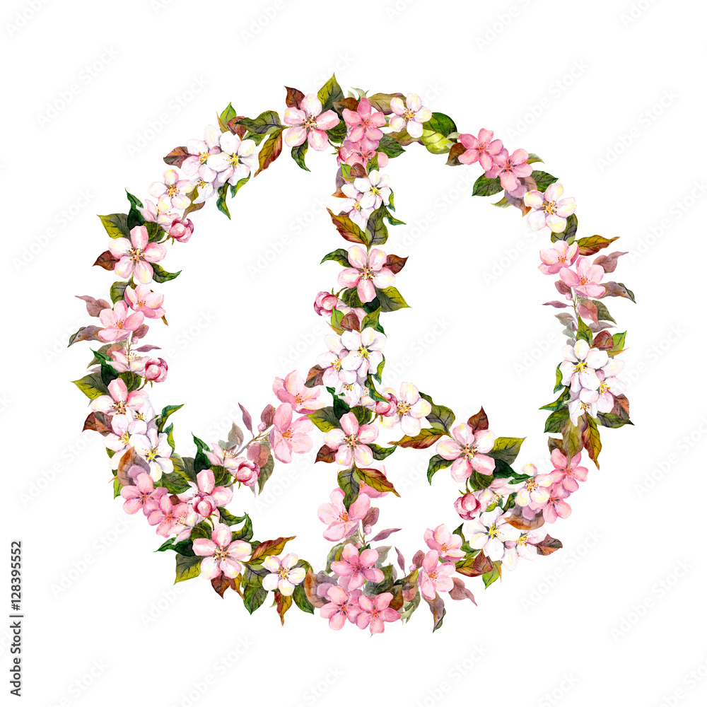 Peace sign, pink flowers - cherry blossom, sakura . Watercolor Stock ...