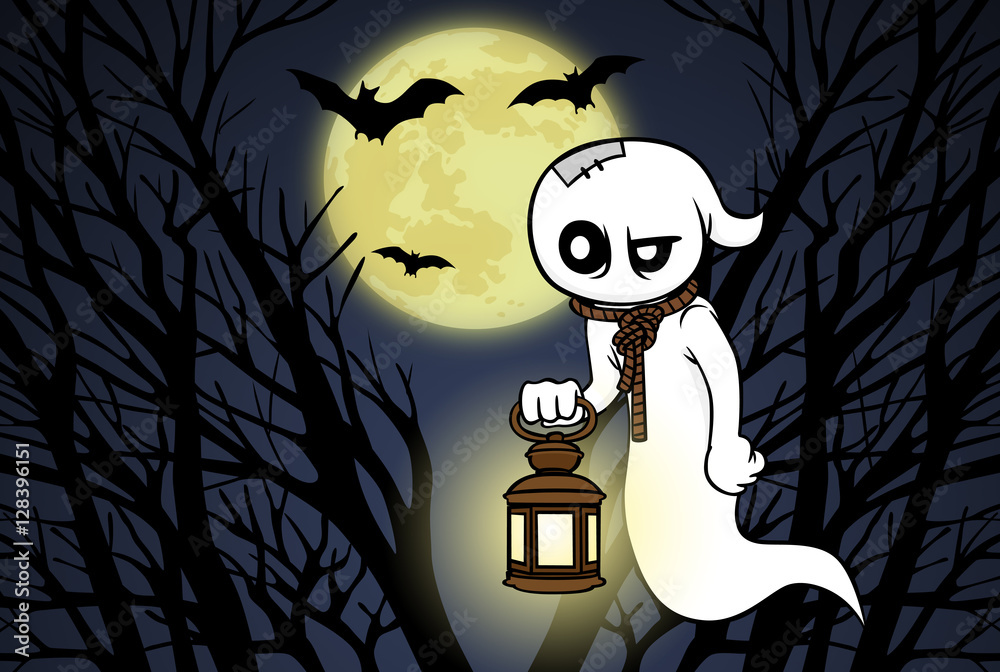cartoon ghost, forest, full moon and bats Stock Illustration | Adobe Stock