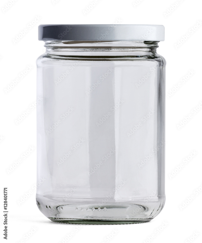 Empty glass jar and white cap in front view isolated on white ...