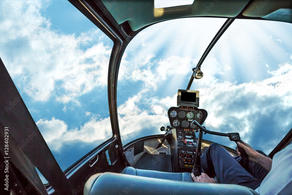 Helicopter cockpit flies in San Francisco Financial District Downtown ...