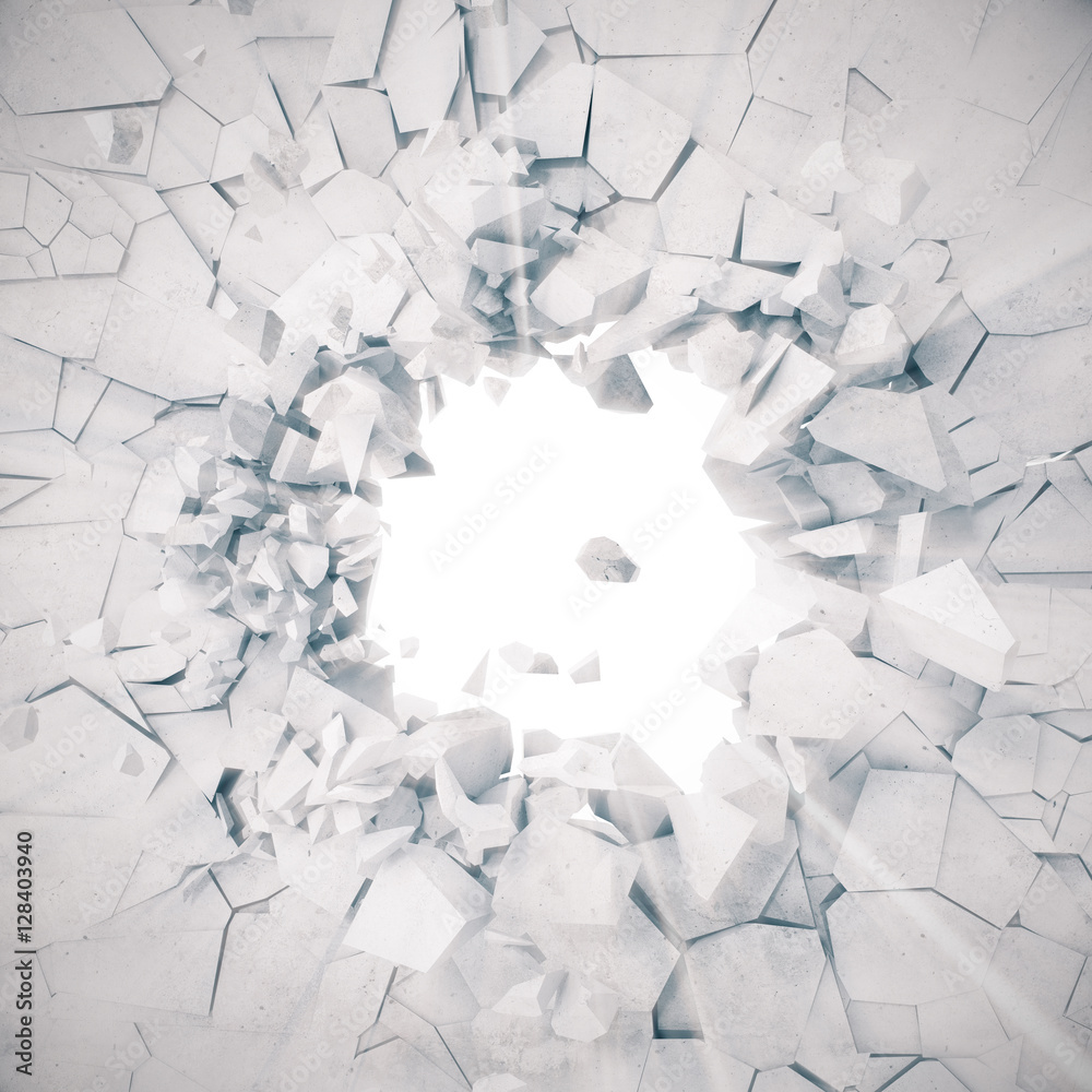 3d rendering, explosion, broken concrete wall, cracked earth, bullet ...