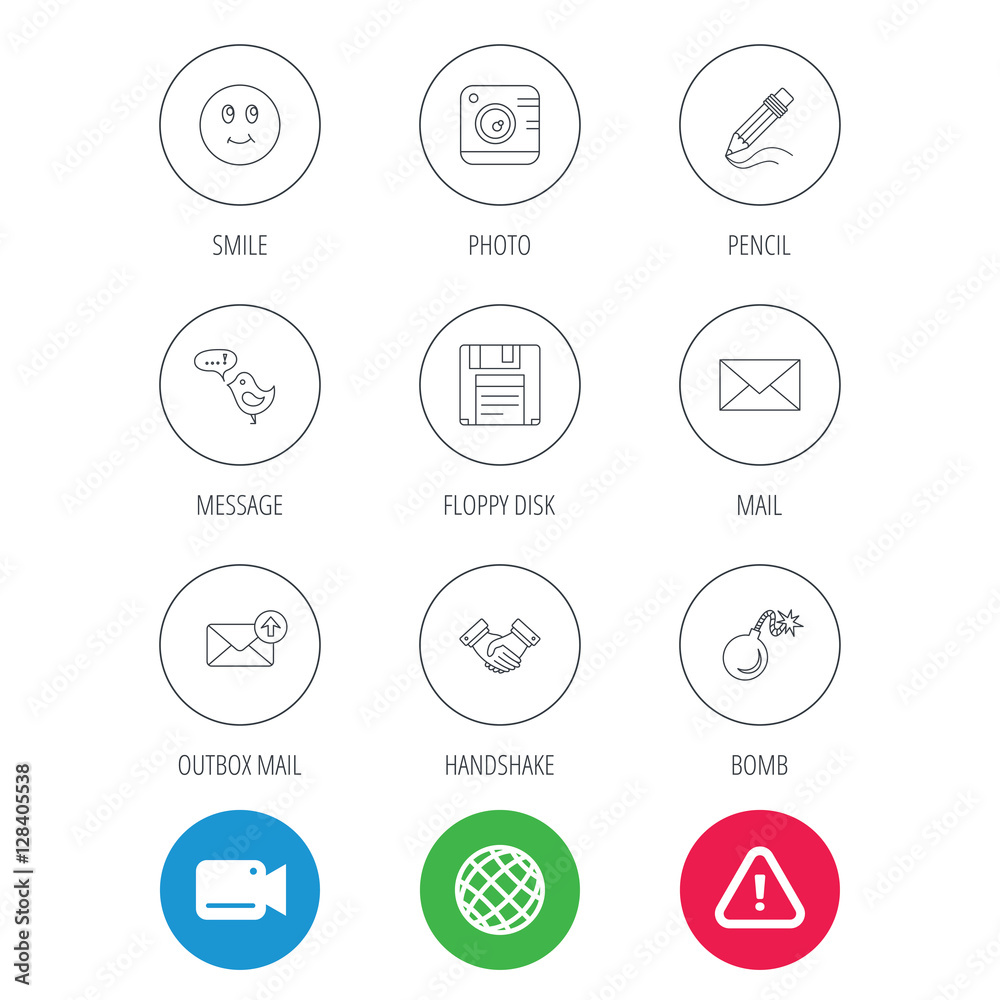 Photo camera, pencil and handshake icons. Inbox e-mail, message speech ...