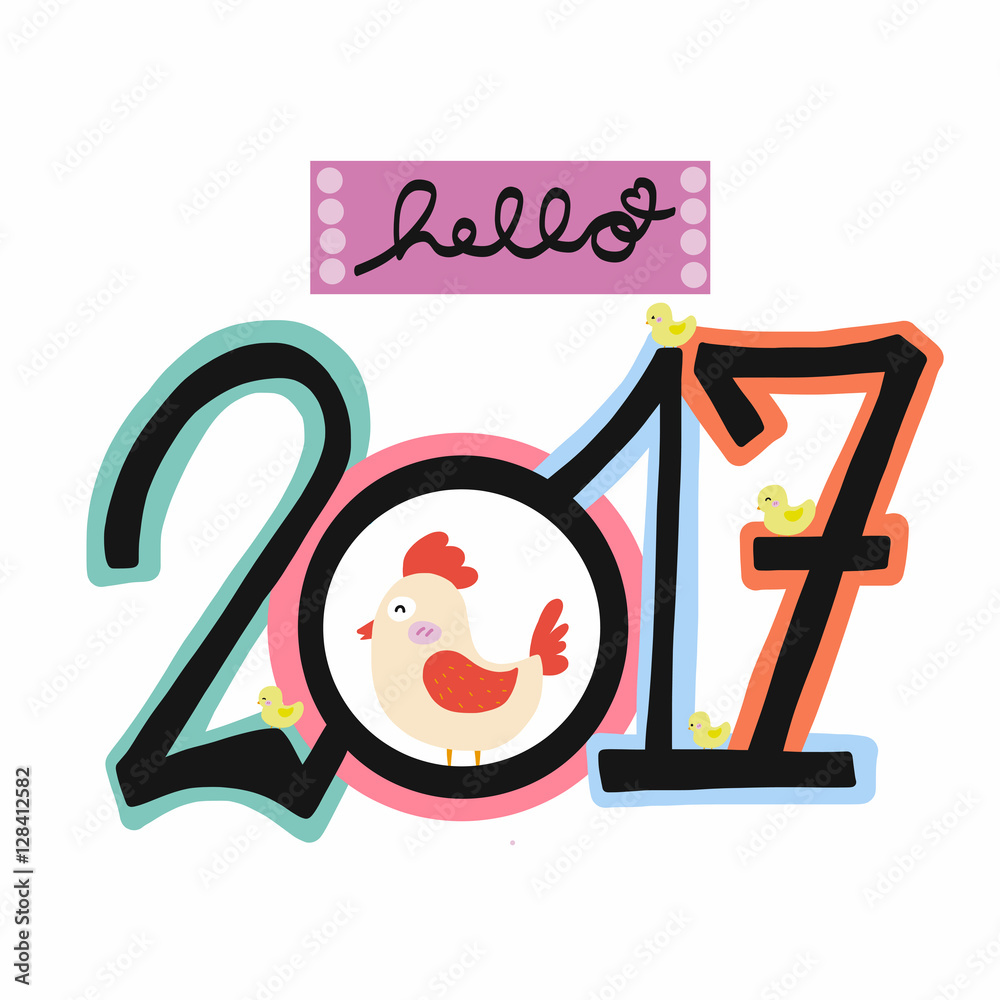 2017 word and chicken cartoon illustration on white background Stock ...