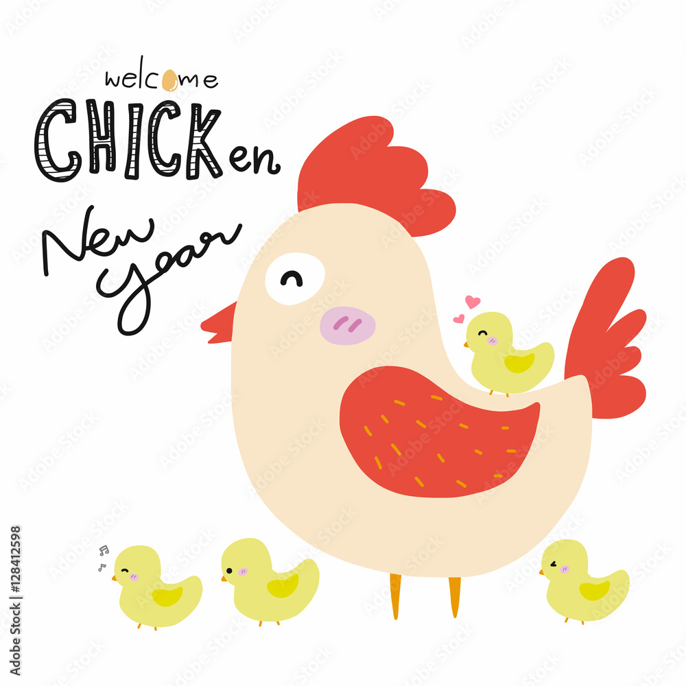 New year chicken family cartoon illustration on white background Stock ...