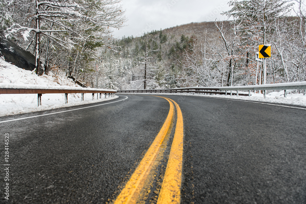 beautiful winter landscape with highway road with turn and snow-covered ...