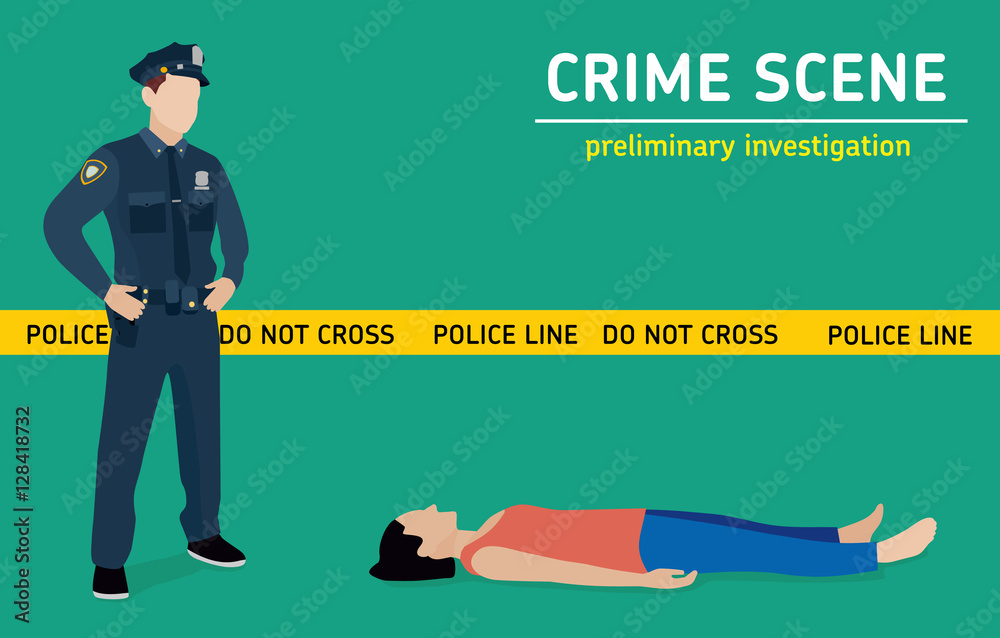 Murder investigation. Police officer guards the crime scene. Flat ...