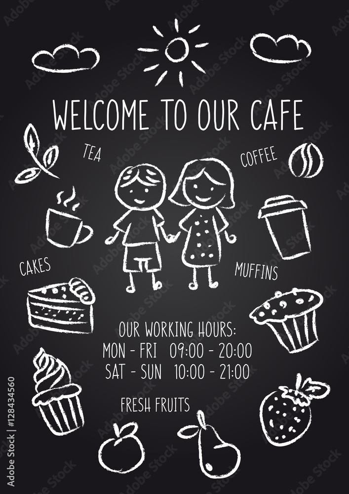 Typography phrase vector illustration. Welcome to our cafe chalkboard ...