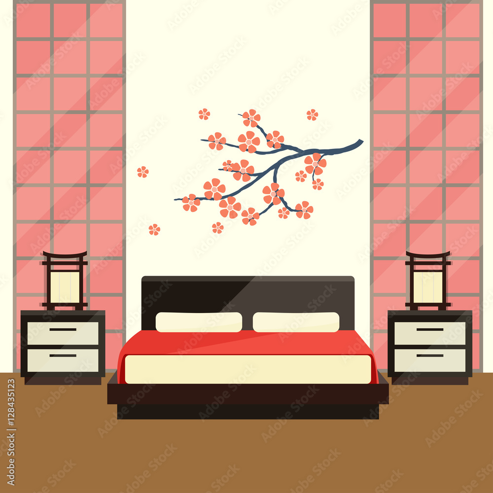 Bedroom in the Japanese style. Vector flat illustration. Stock Vector ...