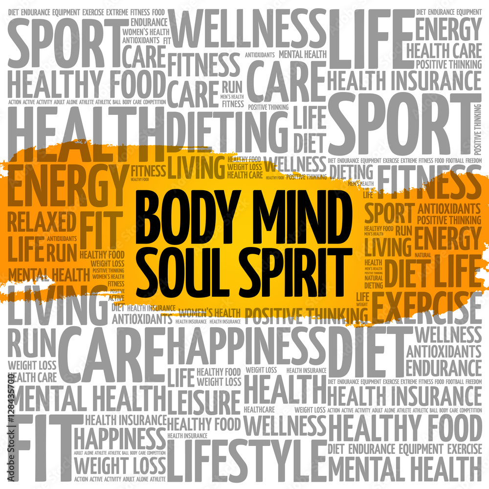 Body Mind Soul Spirit word cloud collage, health concept background ...