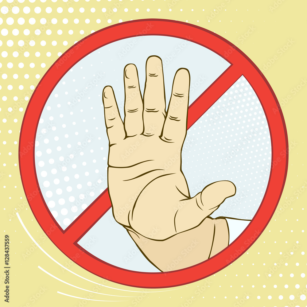 Hand sign warning of the danger. Stop. Imitation retro illustrations ...