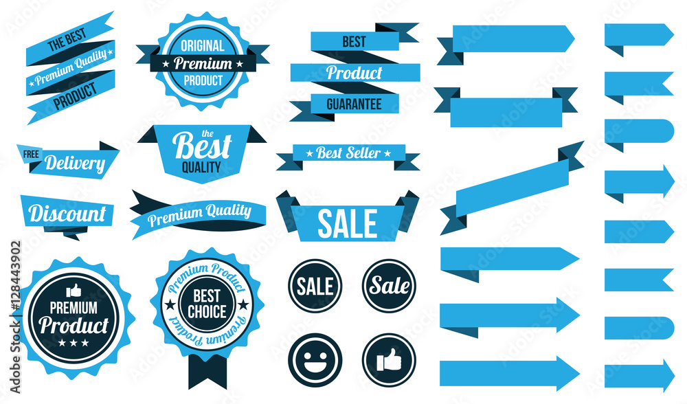 set of blue ribbons , badges and labels. flat design concept. branding ...