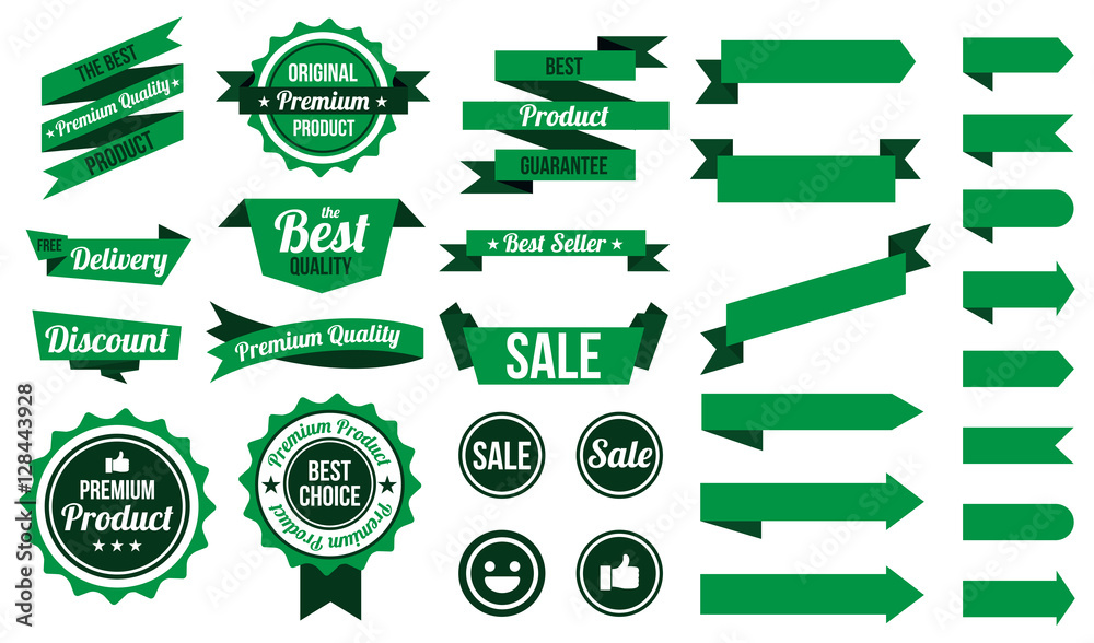 set of green ribbons , badges and labels. flat design concept. branding ...