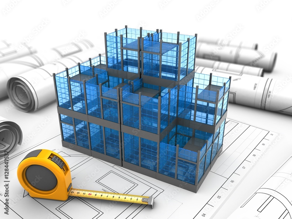 3d illustration of glass building over drawings background with ruler ...