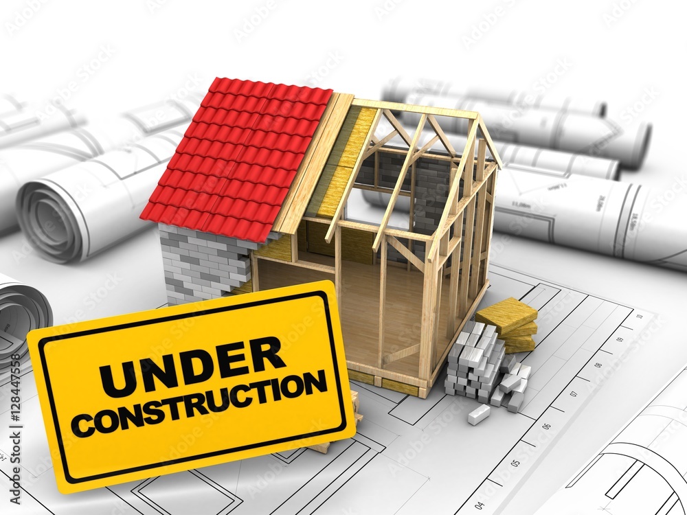 3d illustration of frame house structure over drawings background with ...