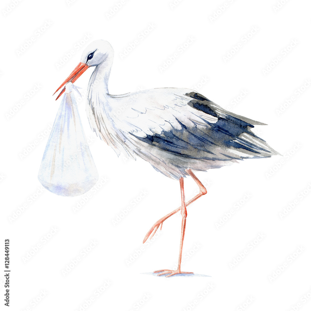 Stork with baby.Newborn picture.Watercolor hand drawn illustration ...
