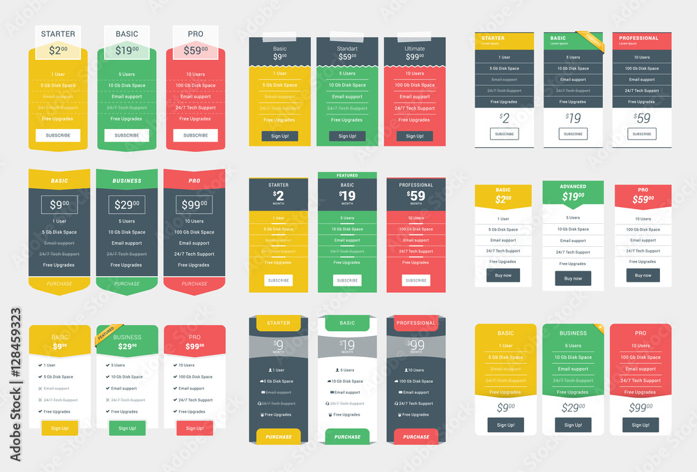 Collection of Coloful Pricing Table Design Templates for Websites and ...