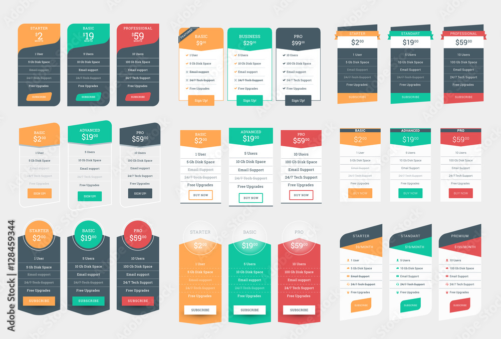 Collection of Coloful Pricing Table Design Templates for Websites and ...