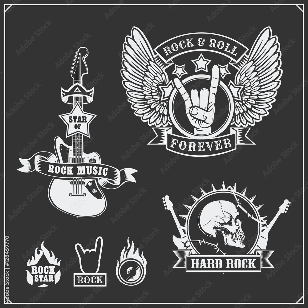 Rock'n'Roll music symbols, labels, logos and design elements. Stock ...